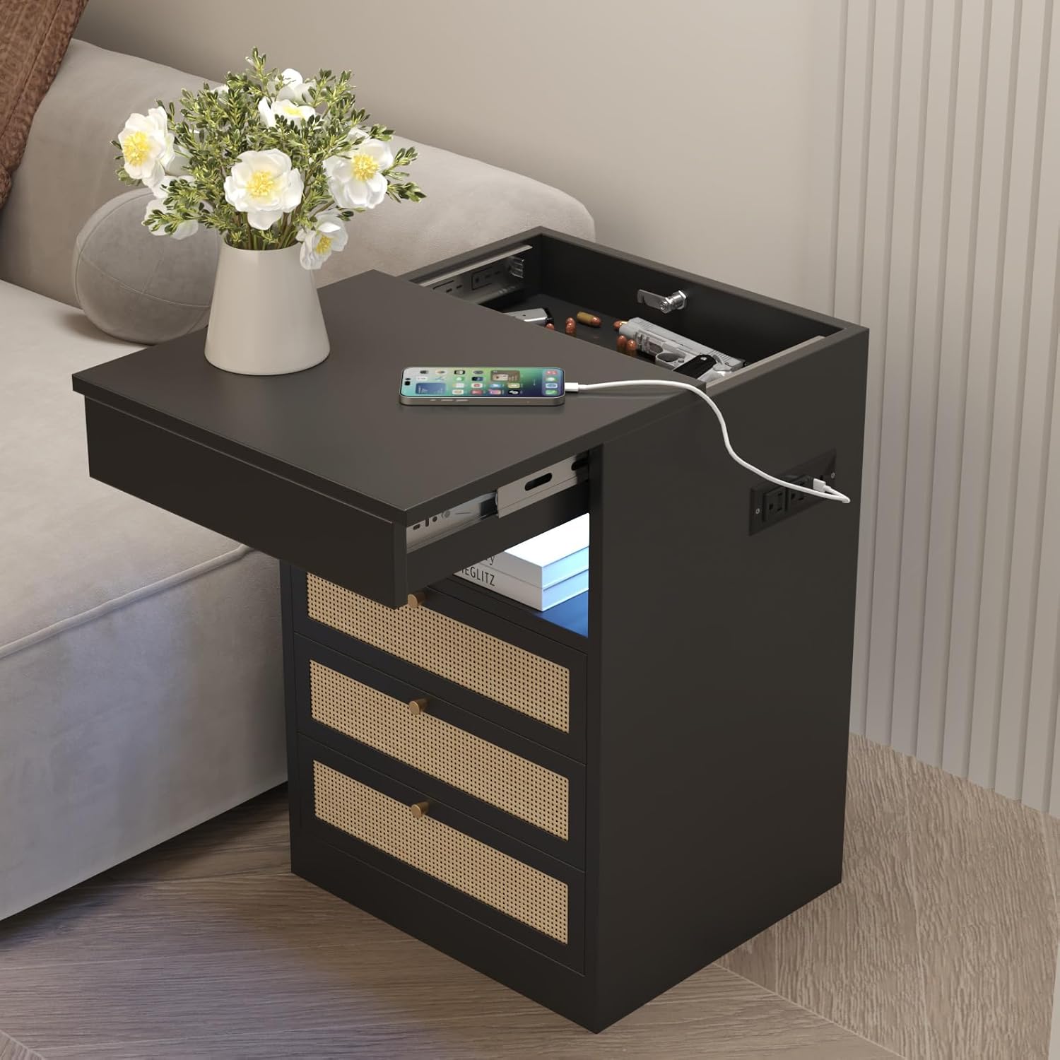 Amazon.com: iyrany Nightstand with Gun Drawer, Farmhouse LED Nightstand ...