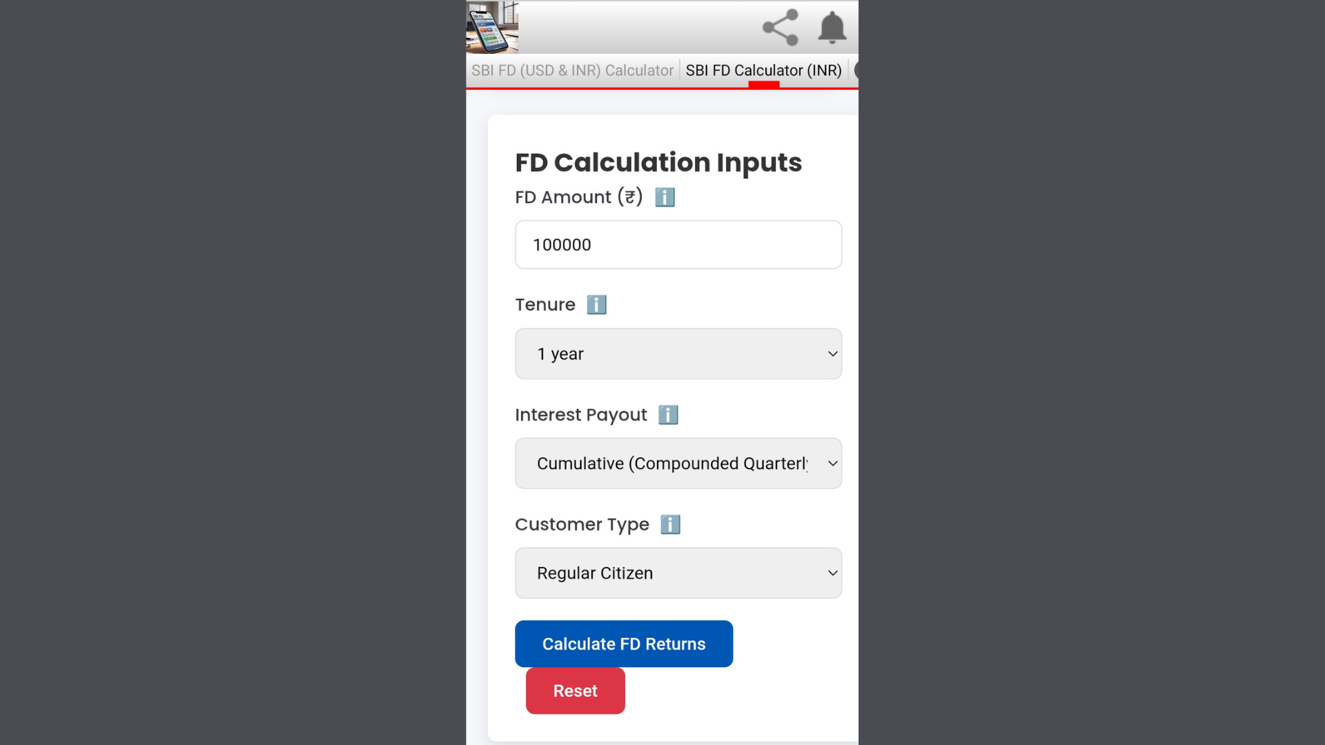 SBI FD Calculator | USD & INR Fixed Deposit Interest & Maturity ...
