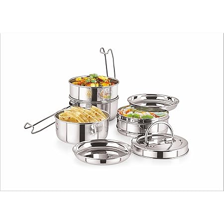 Amazon.com: Neelam Stainless Steel Four Compartment Tiffin Box with Lid ...