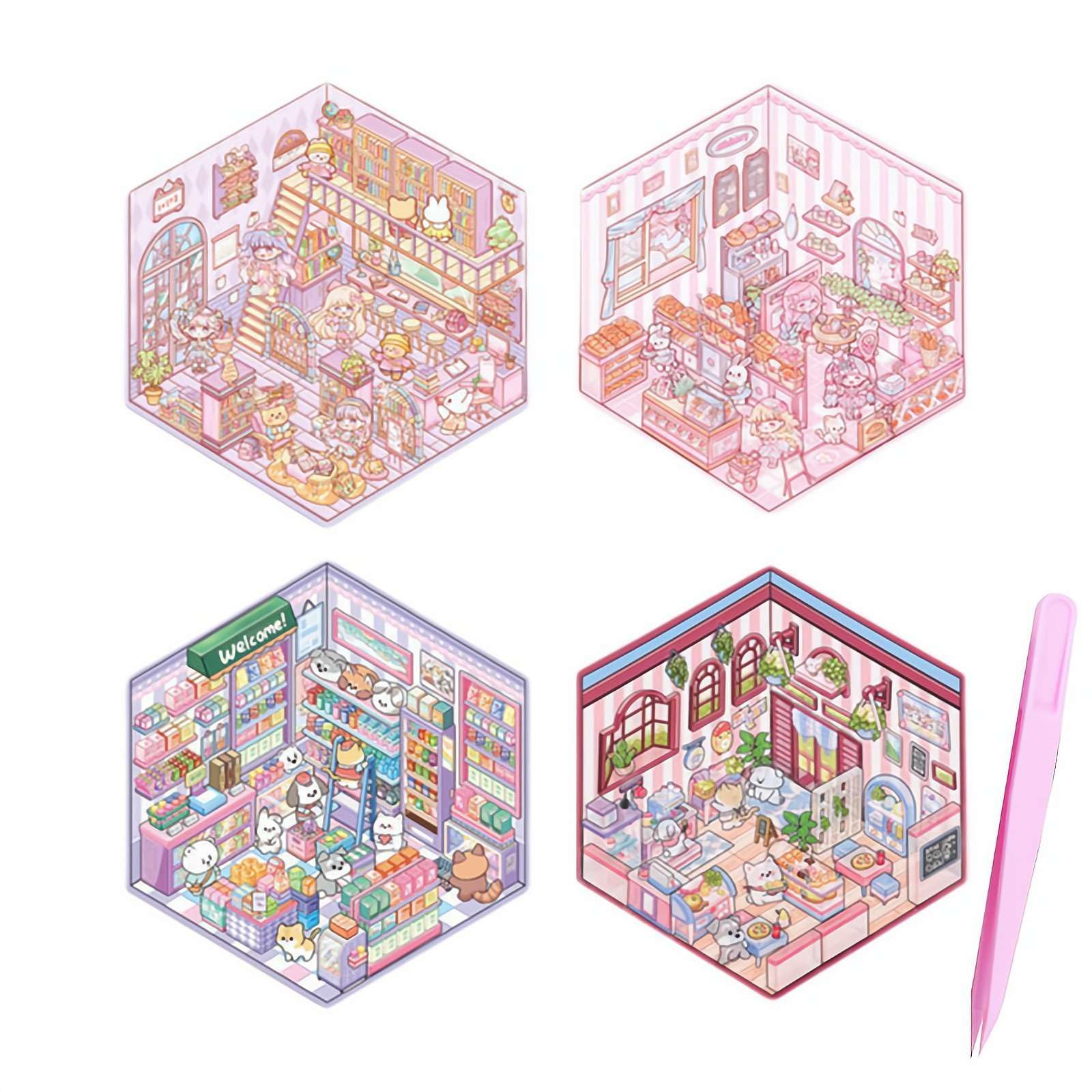 SHYKNYU 4 Sets DIY 3D House Stickers,Fun DIY Stickers Scene Make Your ...