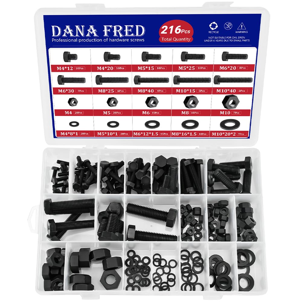 216pcs Black Nylon Hex Screw Nut Washer Kit,M4 - M10 Black Plastic ...