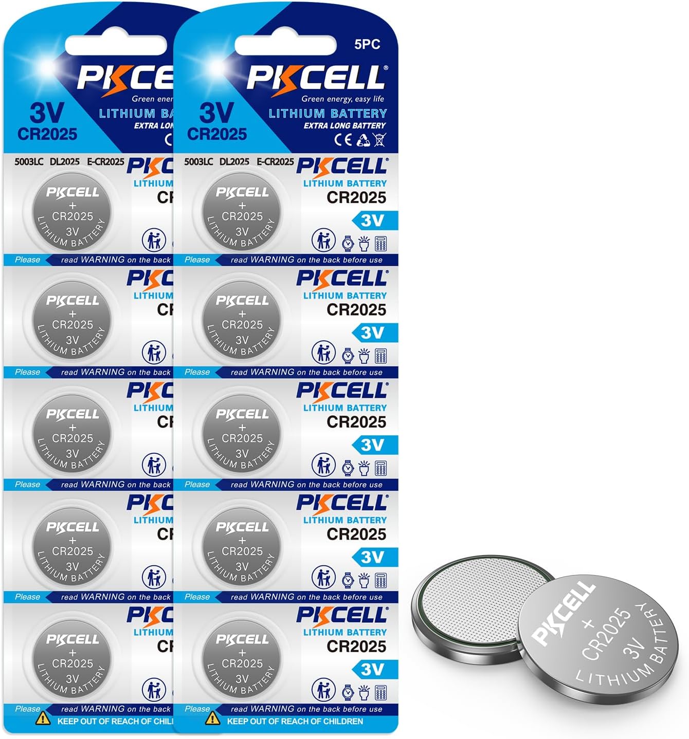 PKCELL CR2025 Battery Lithium Button Coin Batteries 3V for Car Key Fob ...