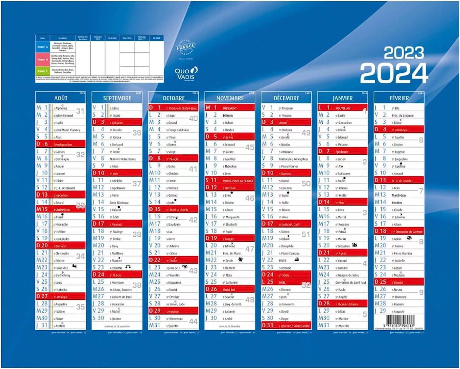 QUO VADIS - 1 Calendrier de banque bleu - Août 2023 à Septembre 2024 ...