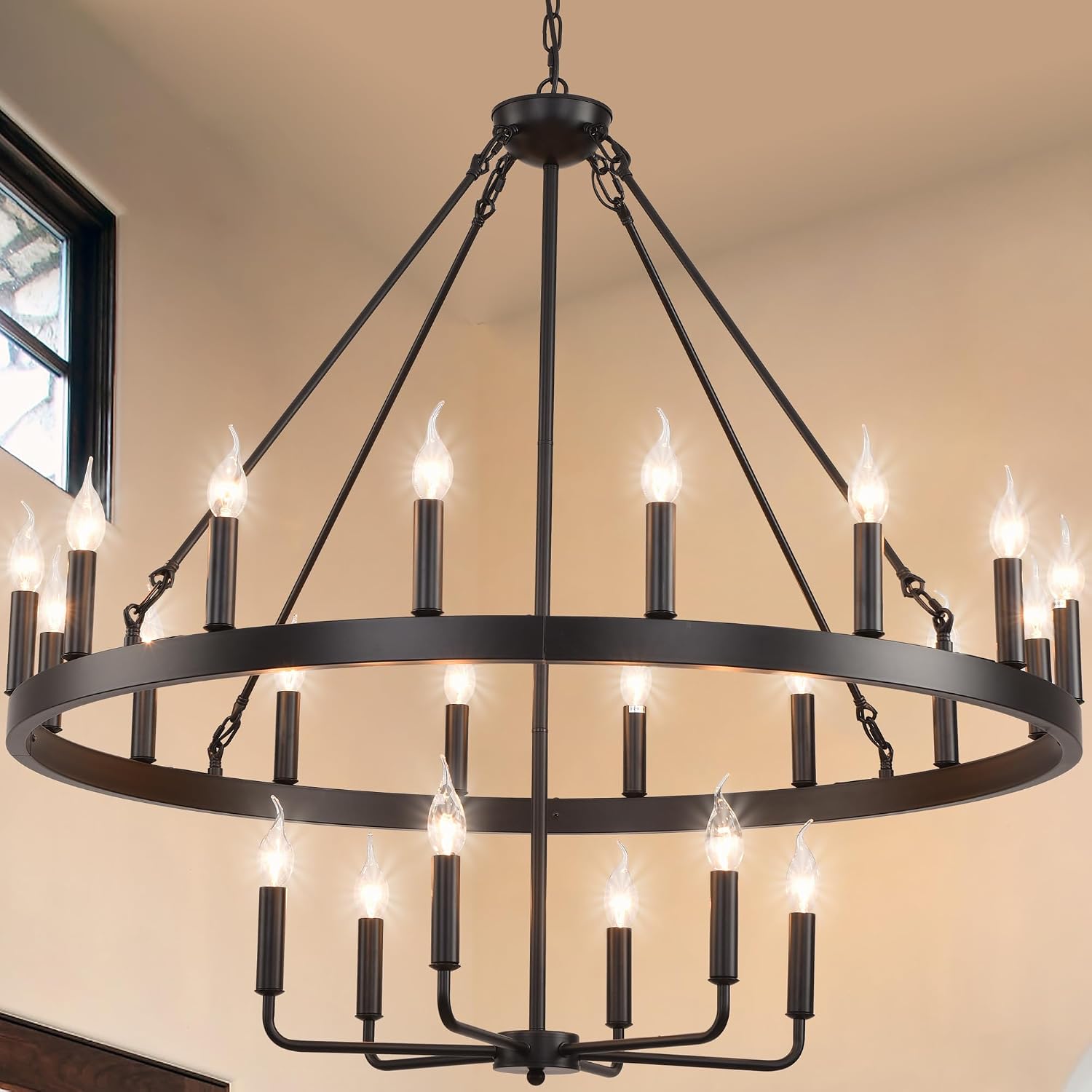 PLJHOND 2 Tier 40“ Black Wagon Wheel Chandelier,22-Lights Round Large ...