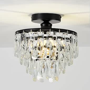 Welsoos Black Modern Small Crystal Ceiling Light, Mini Black Semi Flush ...