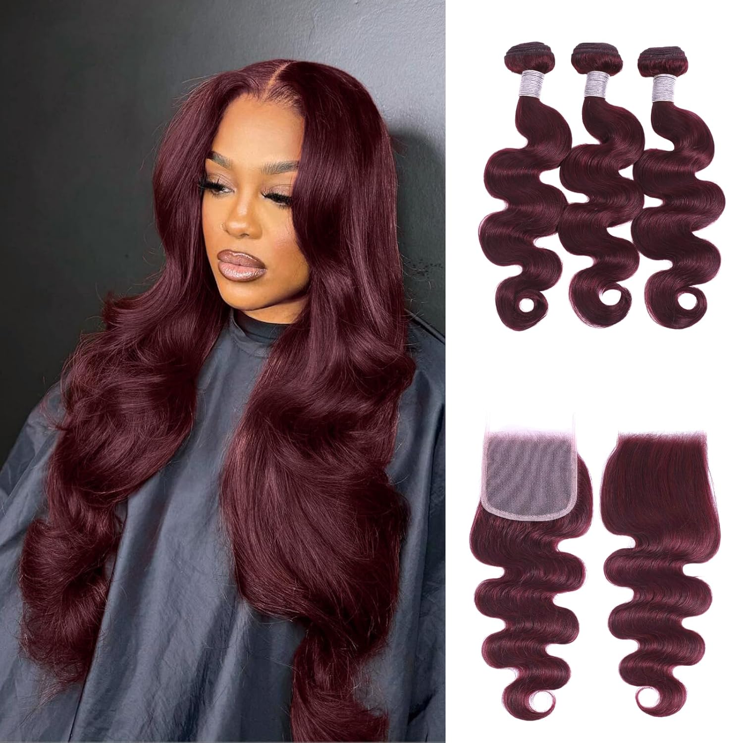 Amazon.com : ALHER Body Wave Dark Burgundy 99j Bundles with (18 20 22+18) Closure, 10A Purplish ...