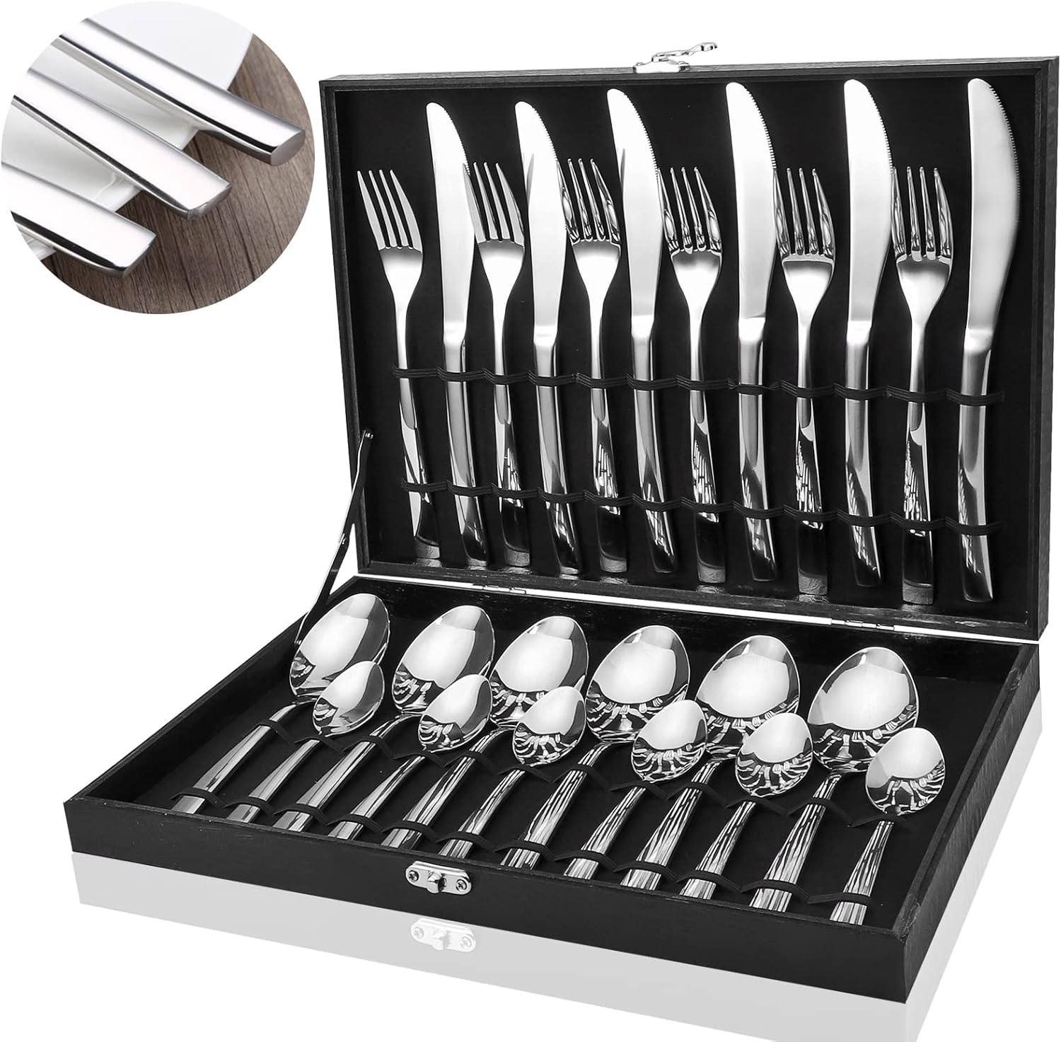 ASKSCICI Silverware Set 24-pcs Stainless Steel Flatware Set with Wooden ...