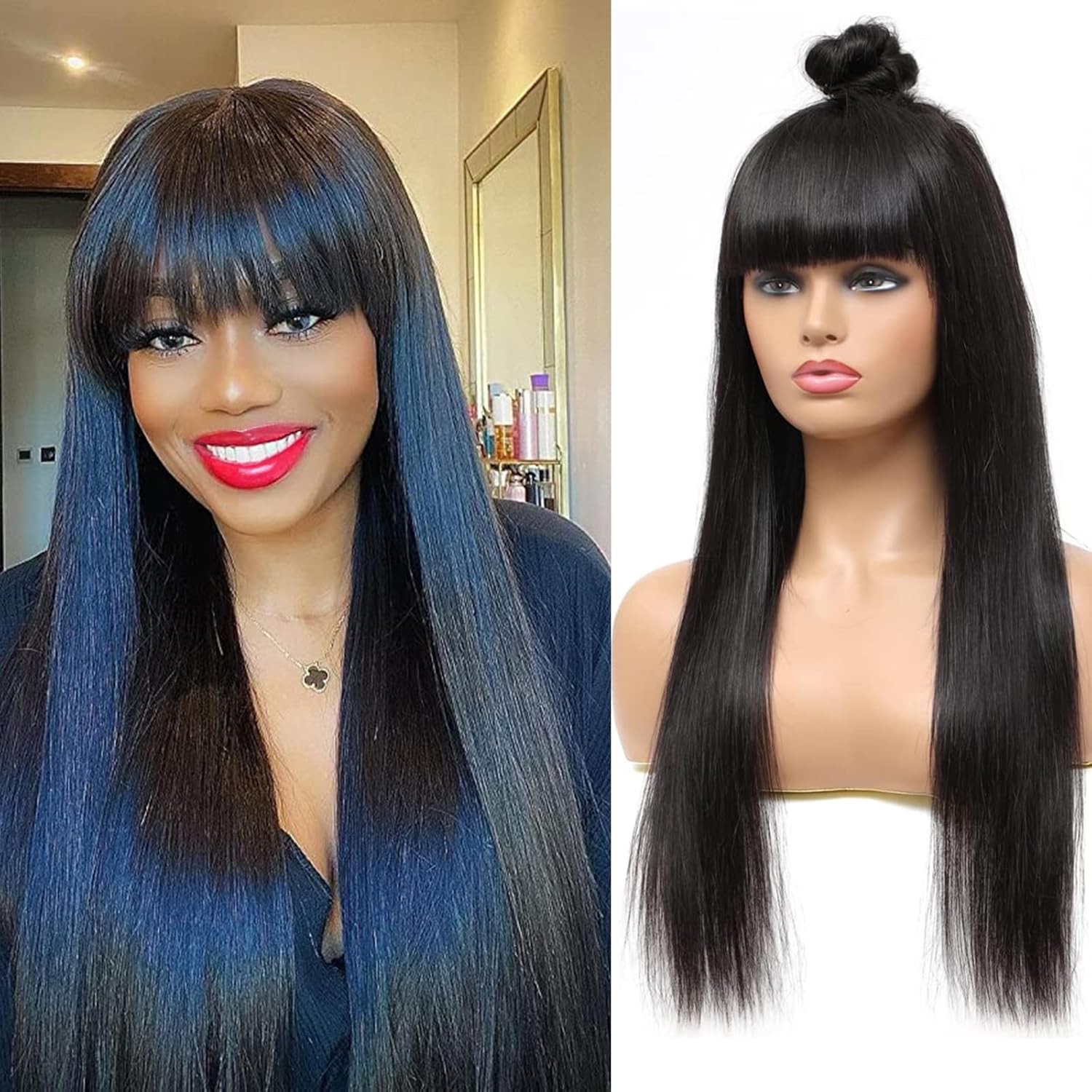 CATWO Pelucas de cabello humano liso negro natural con flequillo de 18 ...