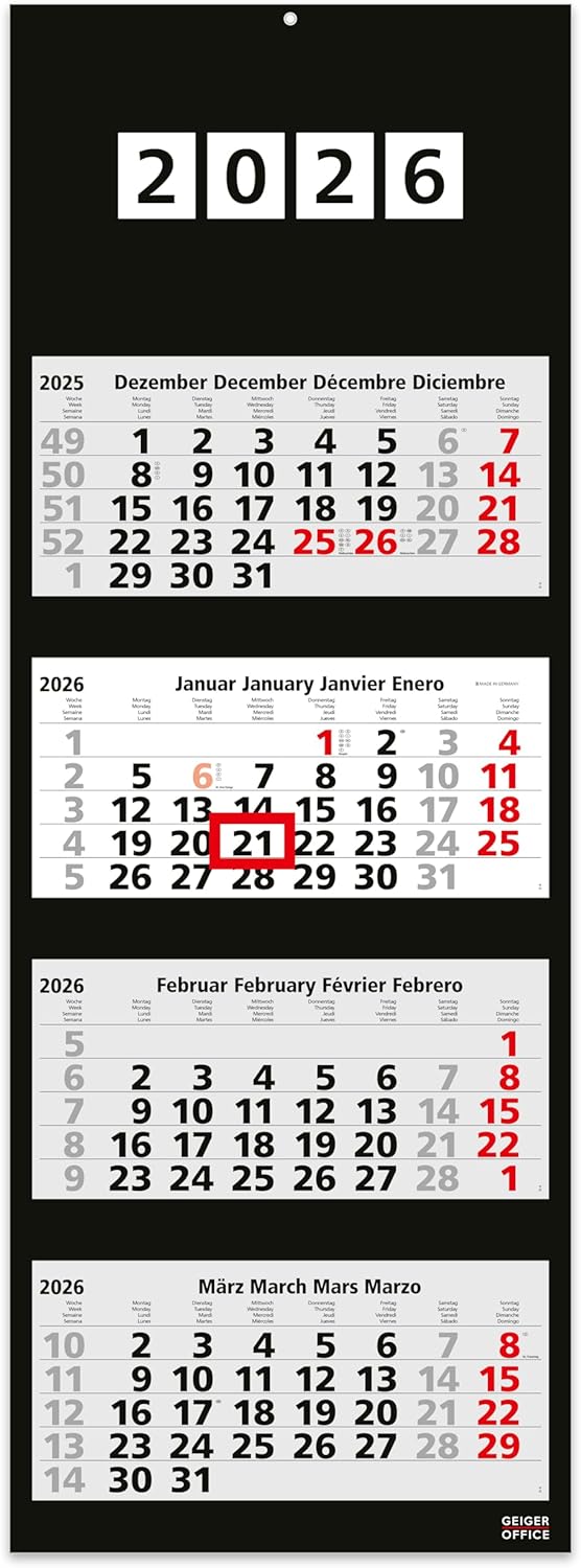Geiger-Office 4-Month Wall Calendar 2026 BLACK / 33 x 90 cm, Decorative ...