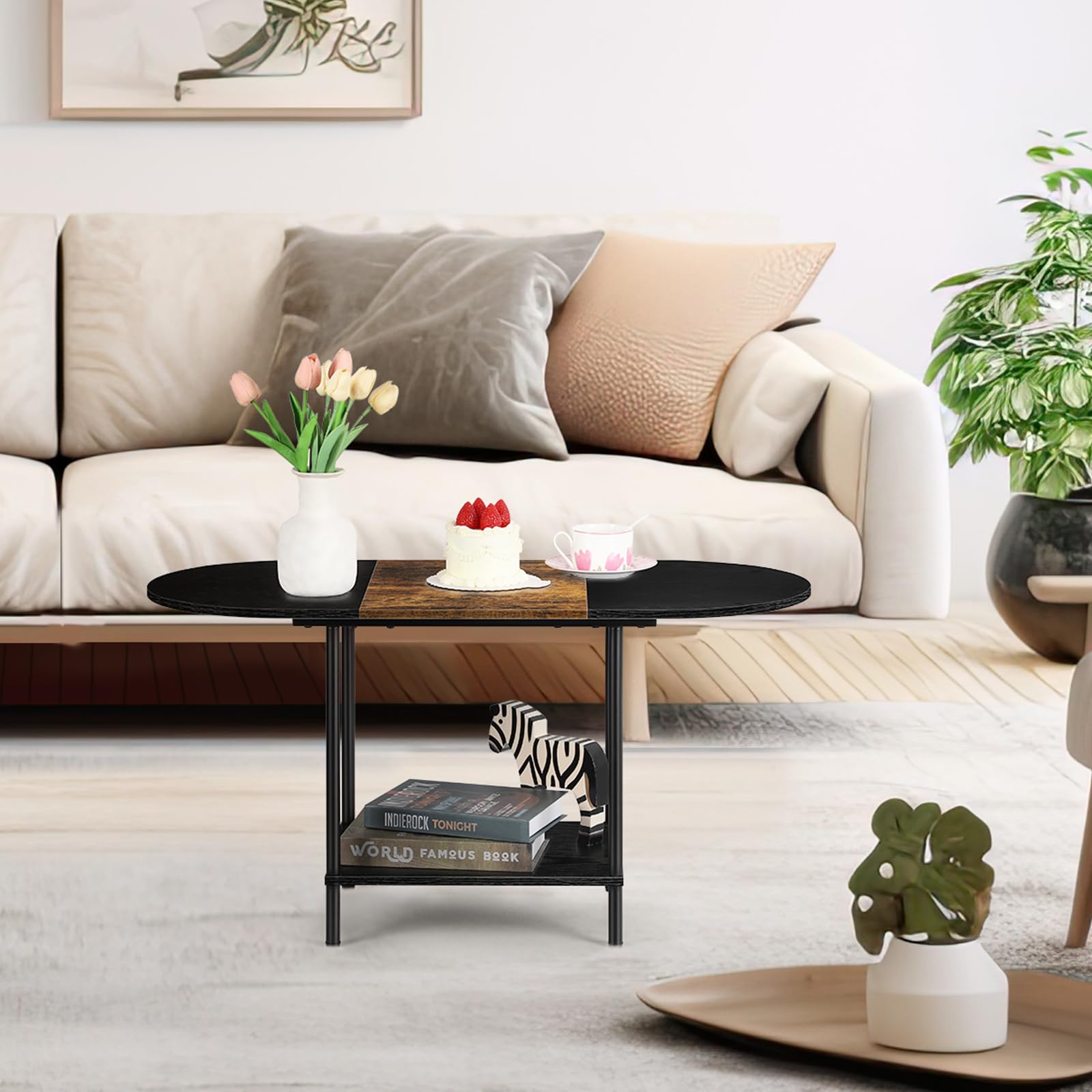 ETELI 2 Tier Small Oval Coffee Table Black Farmhouse Center Table with ...