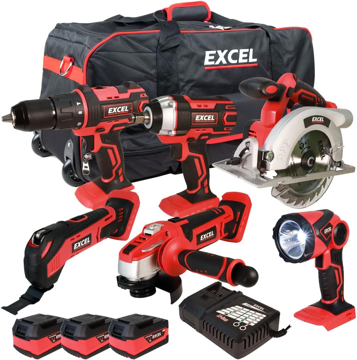 Excel 18V Li-ion 6 Piece Cordless Power Tool Kit with 3 x 5.0Ah ...
