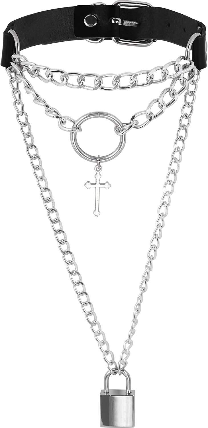 Amazon.com: Sacina Gothic Punk Grunge Layered Cross Lock Choker Collar ...