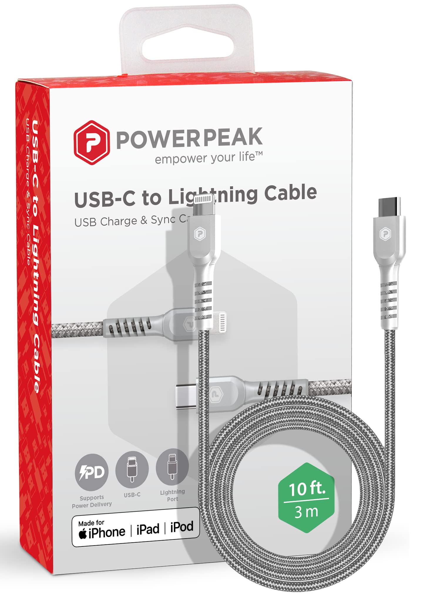 Amazon.com: POWERPEAK Lightning Cable 10ft, Braided Nylon Metallic ...