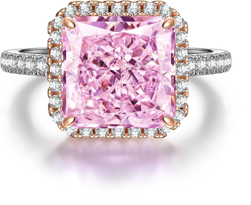 GONA 5CT Cubic Zirconia Tarnish-Resistant Silver Ring Pink Halo Crushed ...