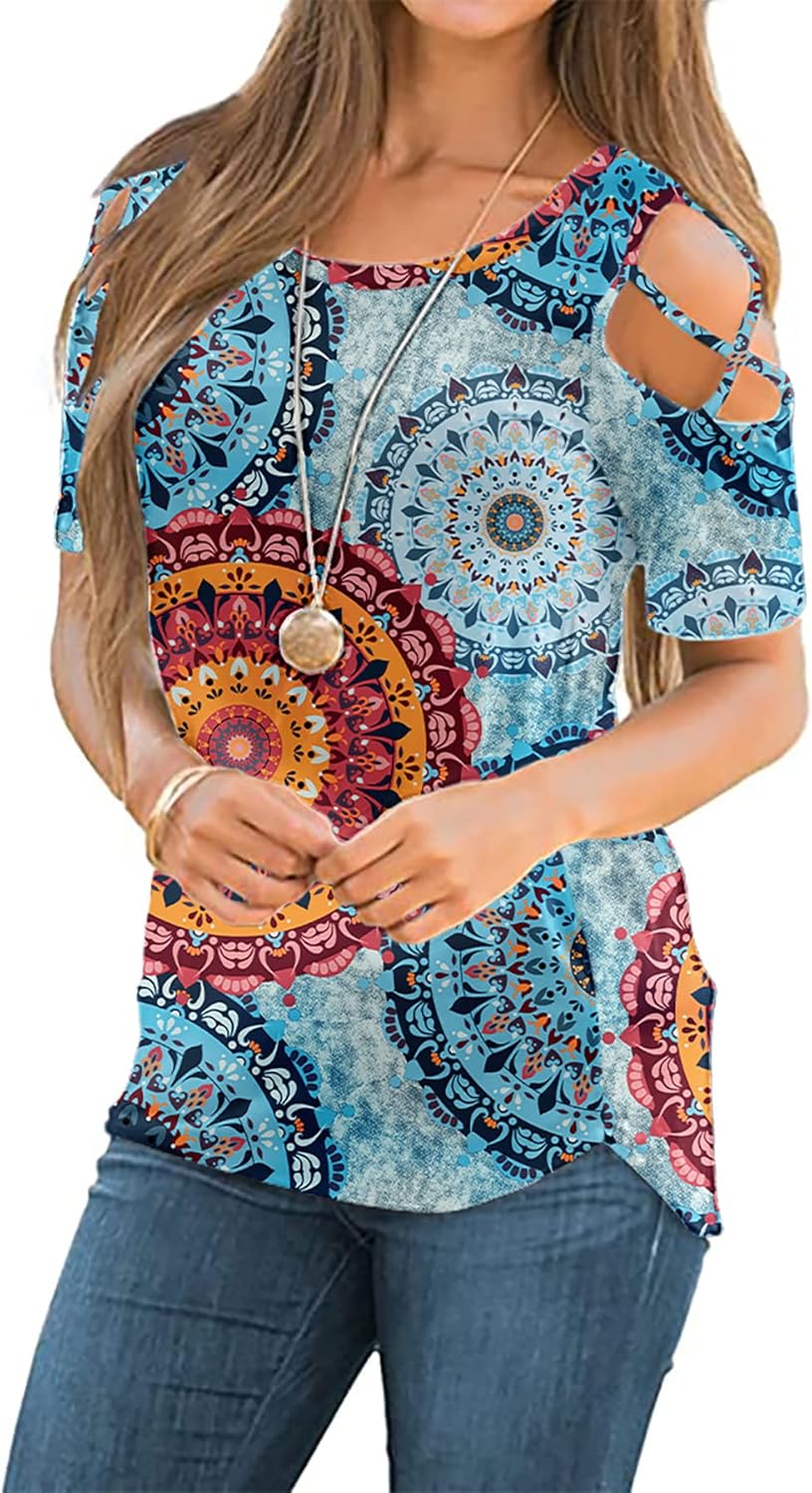 NILOUFO Womens Casual Summer Shirts Short Sleeve Cold Shoulder Tunics ...