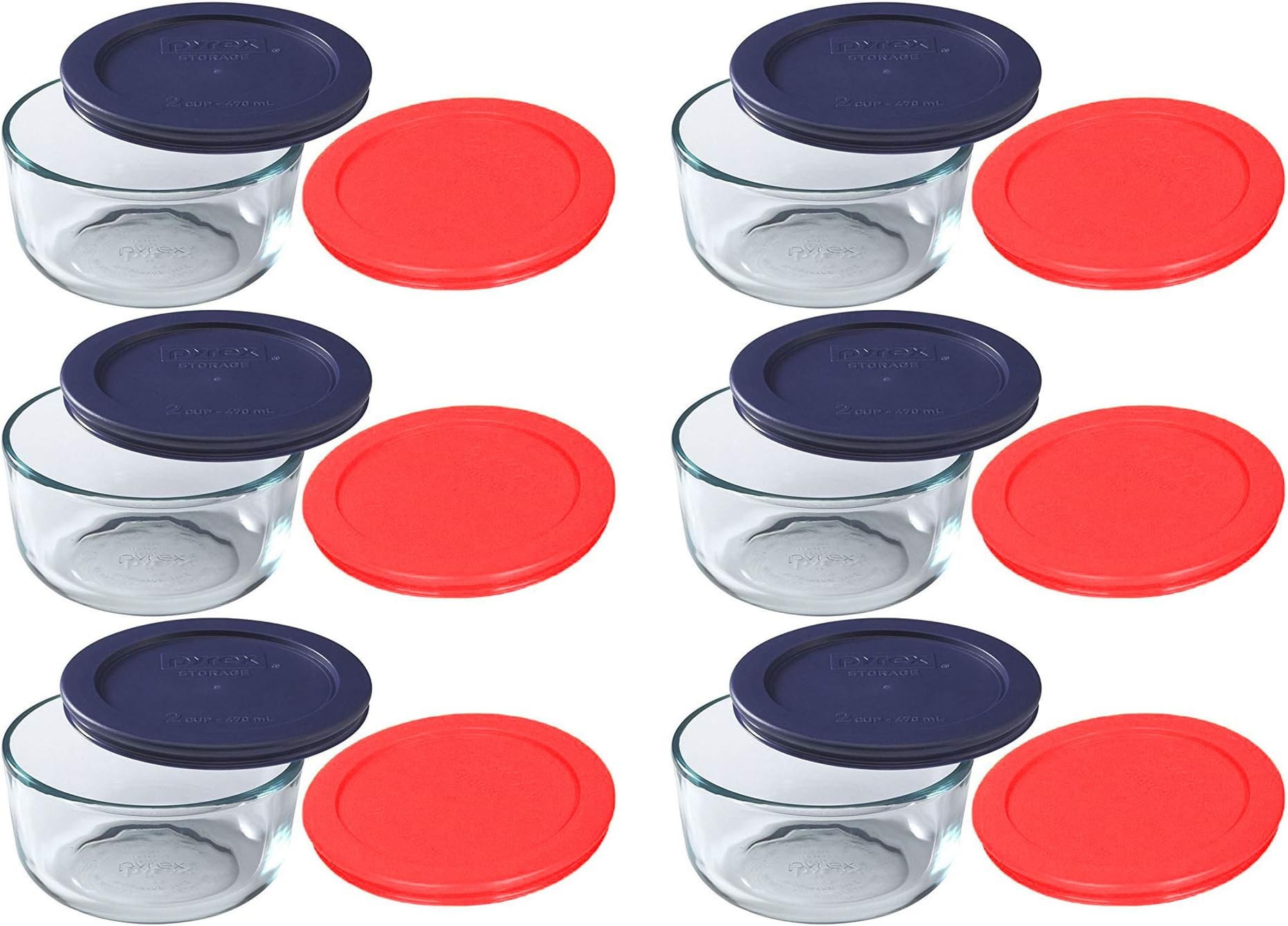 Amazon.com: Pyrex Storage 2 Cup Round Dish, Clear with Red & Blue Lids ...