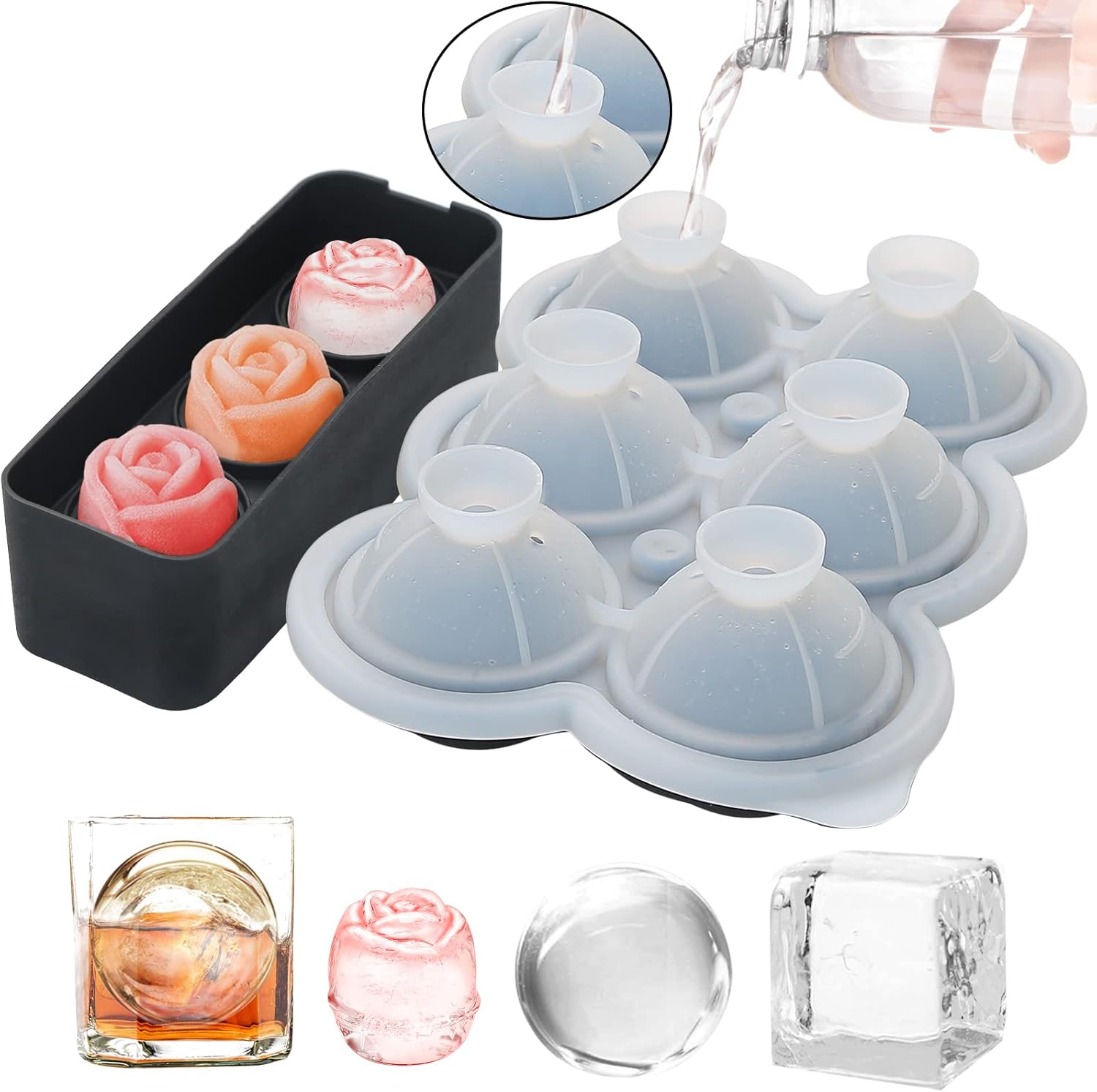 Amazon.com: Silicone Ice Cube Molds Tray Rose Ice Mold and Large Sphere ...