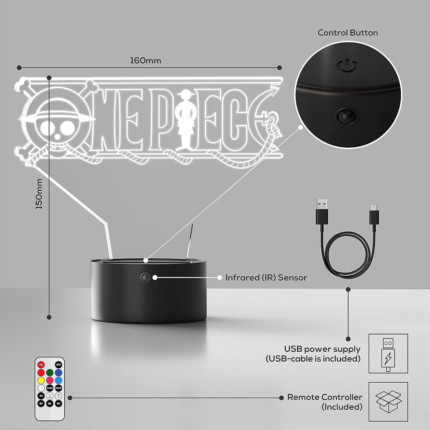 3D Night Light with One-Piece Logo, LED Lamp One Piece, USB Cable, 6 ...