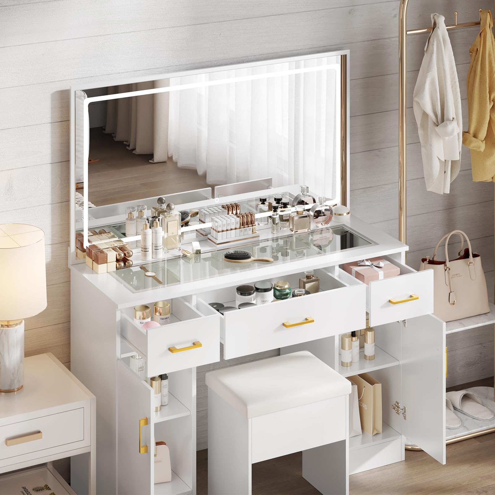 Amazon.com: WAYES 43.3" Clear Glass Top Makeup Vanity Desk Set with LED ...