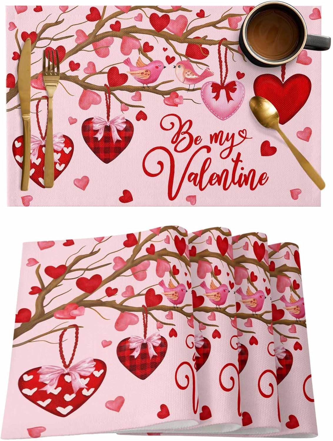 Amazon.com: Pink Valentine's Day Placemats Set of 6, Red Love Heart ...