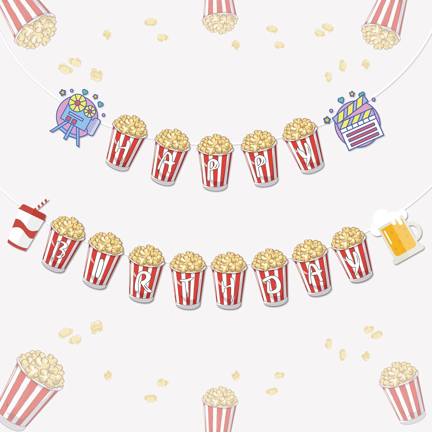 Amazon.com: 2PCS Movie Night Theme Happy Birthday Banner, Cute Popcorn ...