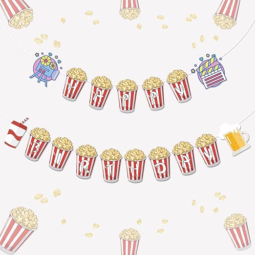 Amazon.com: 2PCS Movie Night Theme Happy Birthday Banner, Cute Popcorn ...