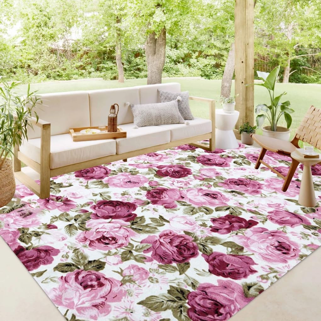 Amazon.com: Rose Pink Green Flowers Print Indoor Outdoor Area Rug 4x6 ...