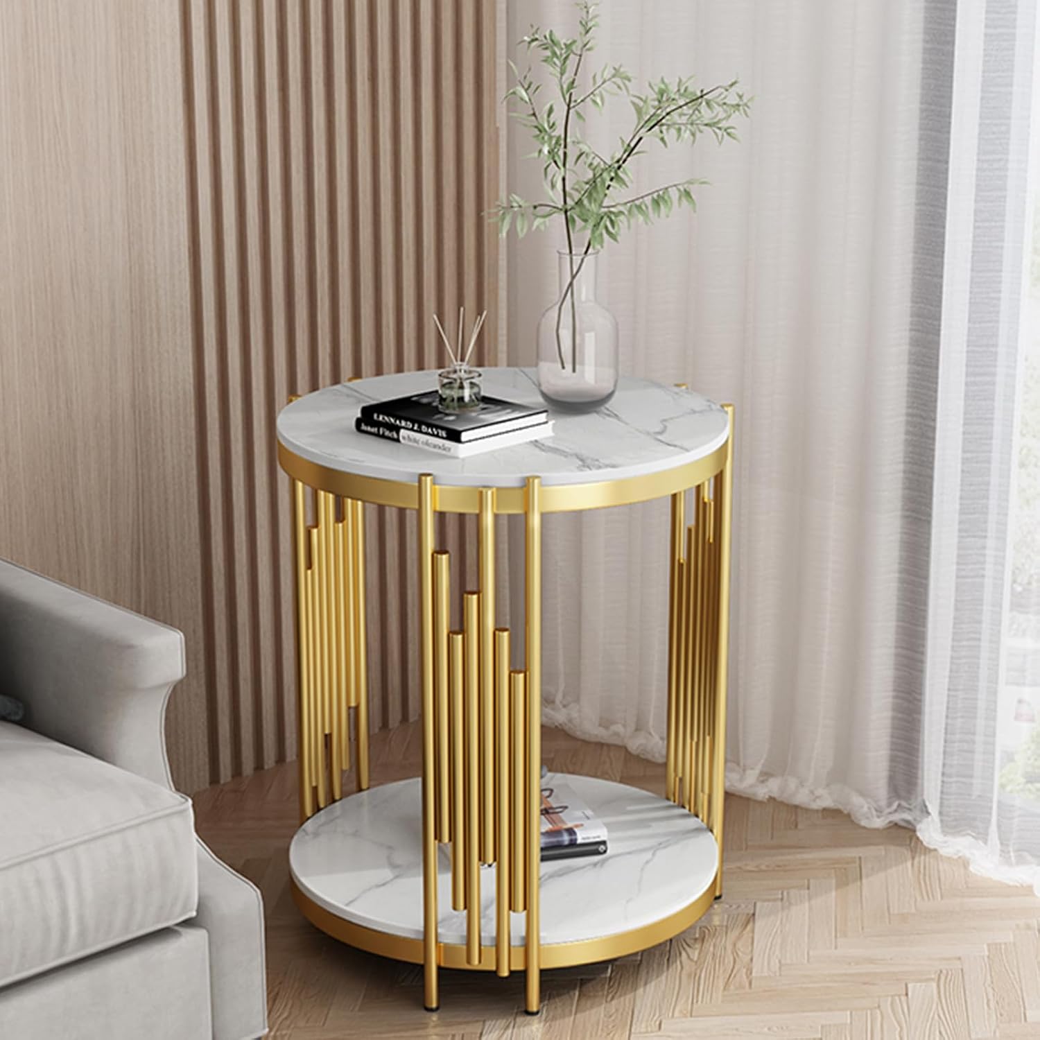 Amazon.com: HM&DX Round 2 Tier Marbling End Side Table,Slate Metal ...
