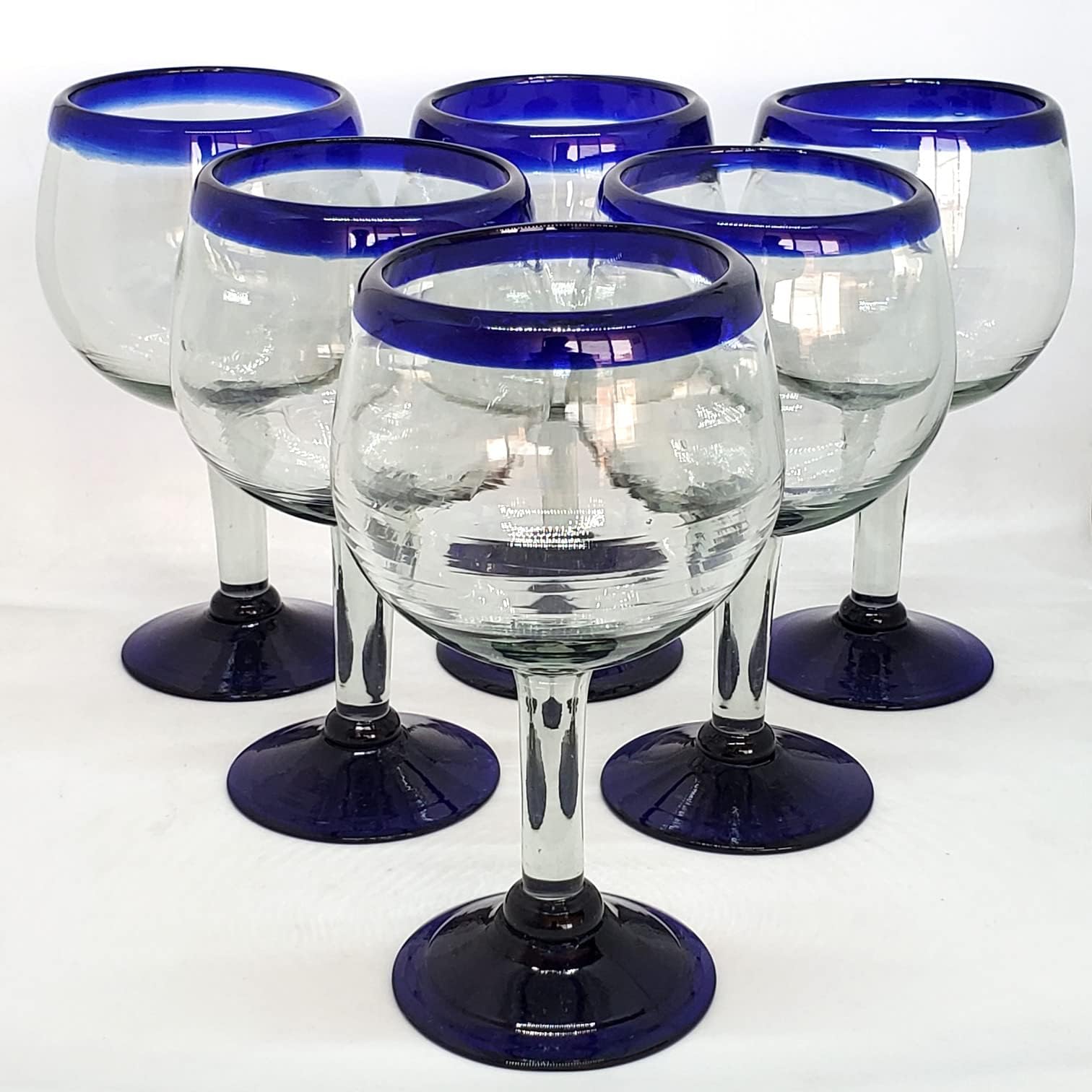 Amazon.com | Mexican Glass, Wine, Hand Blown, Blue Rim (Set of 4): Wine ...