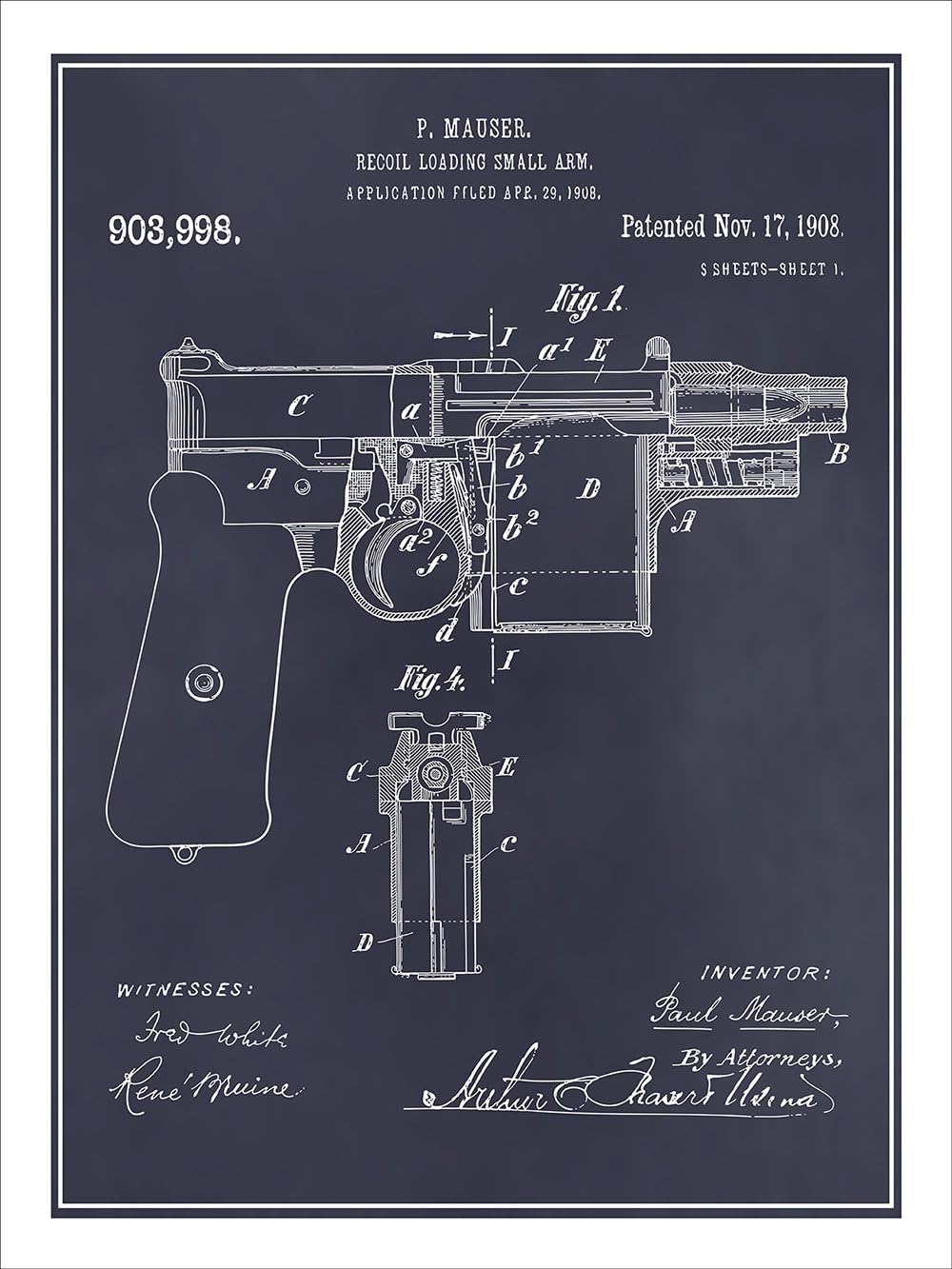 Amazon.com: Studio 21 Graphix 1908 Mauser Recoil Loading Pistol Patent ...