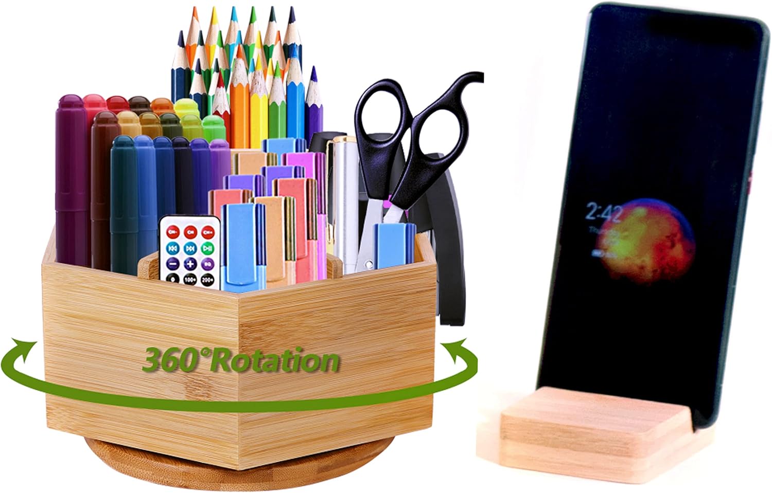 Rotating Bamboo Desk Caddy and a Mobile Phone holder- Rotating Pencil ...