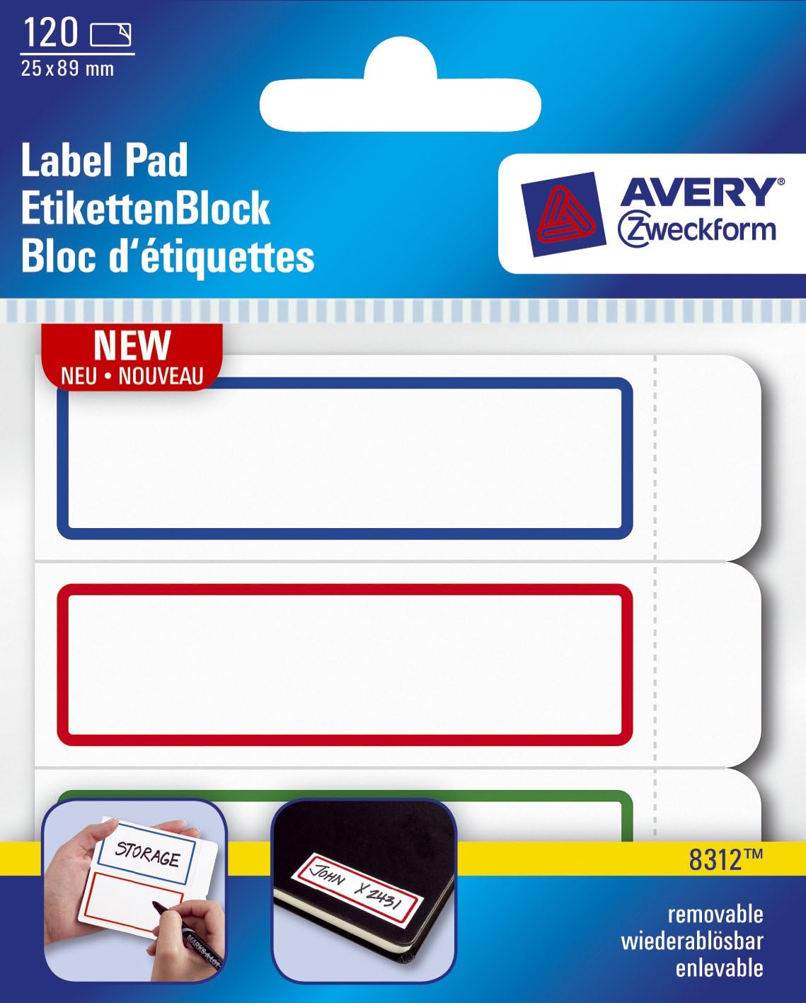 Avery Label Pad Removable 89x25mm Blue Red Green Border Ref 8312 [120 ...