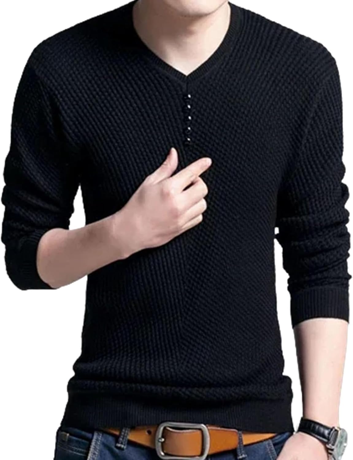 Mens Slim Fit V Neck Knit Sweater Long Sleeve Pullover with Button ...