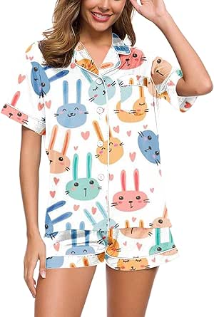 Easter Pajamas for Womens 2 Piece Set Cute Rabbit Graphic Short Sleeve ...