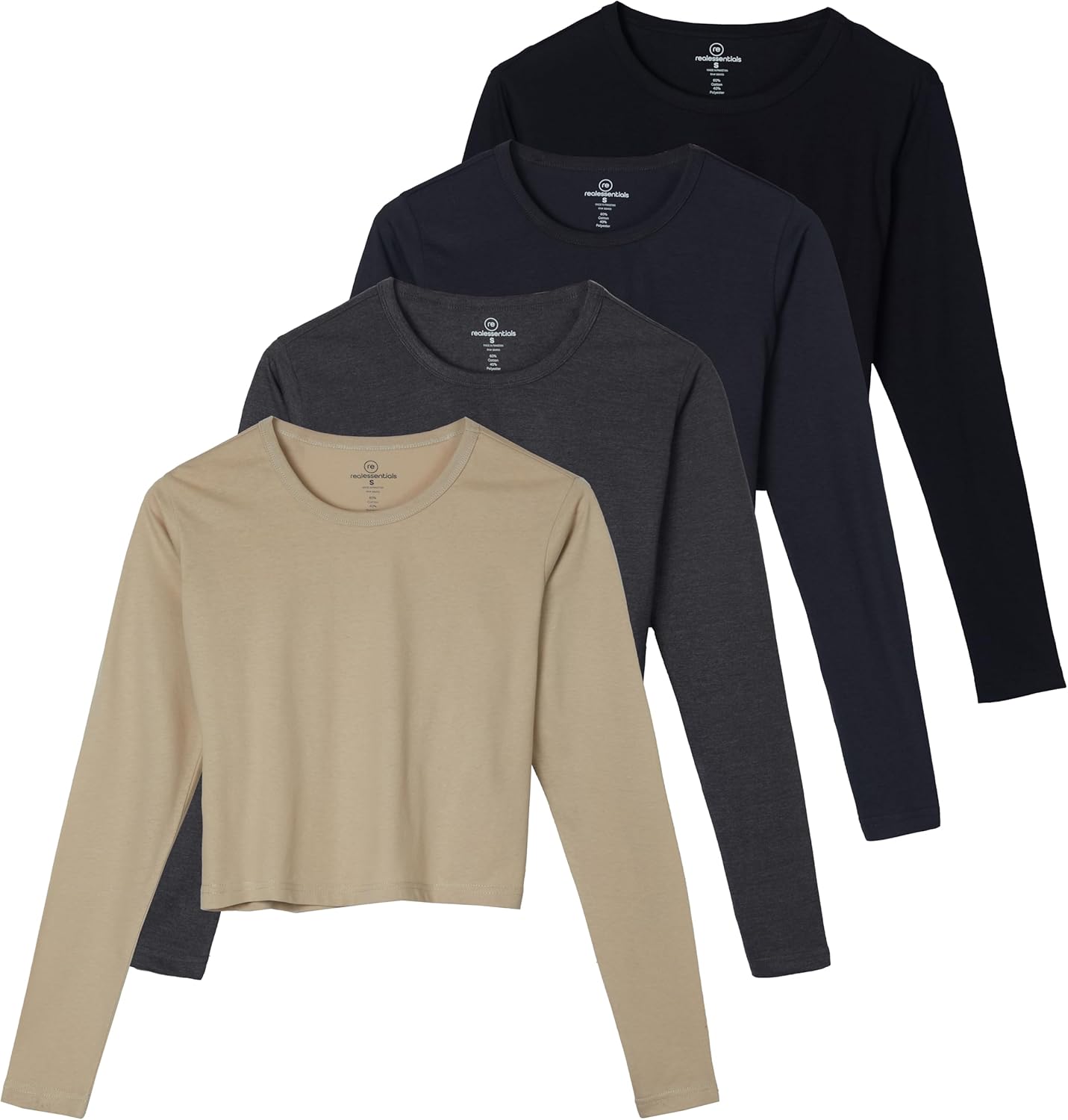 Real Essentials 4 Pack: Women's Cotton Long Sleeve Crew Crop Top ...