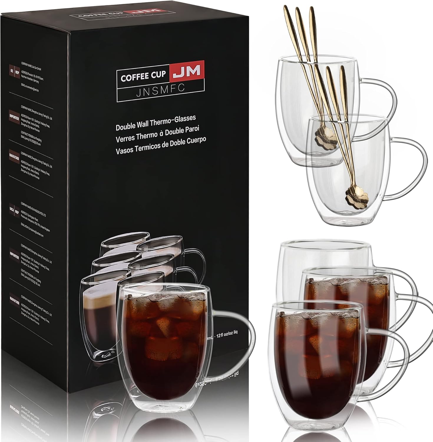 Amazon.com | JNSMFC 12 Oz Double Walled Glass Coffee Mug Set of 6 with ...