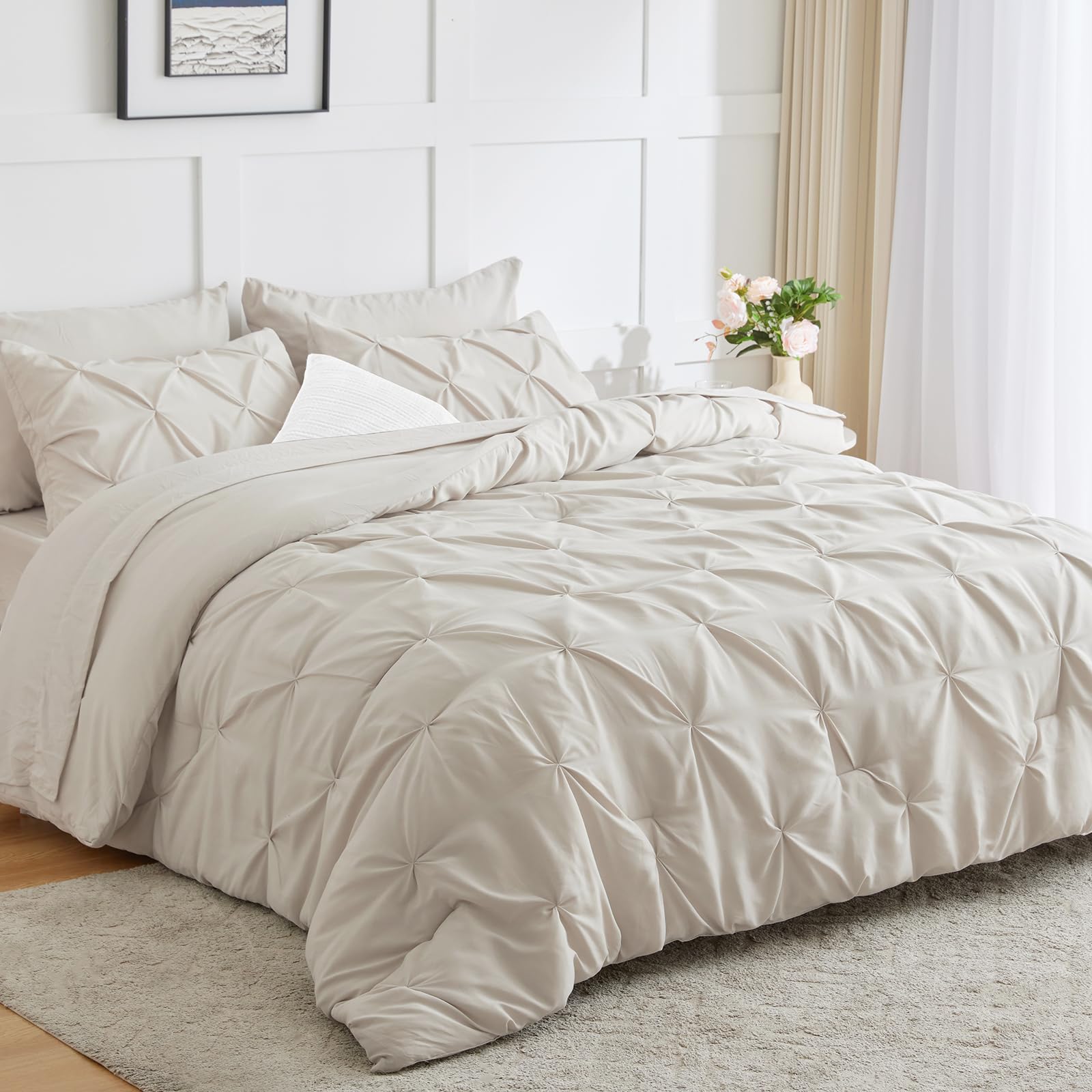 Amazon.com: HIMEET- Beige Comforter Set King 7 Pieces Cream Comforter ...