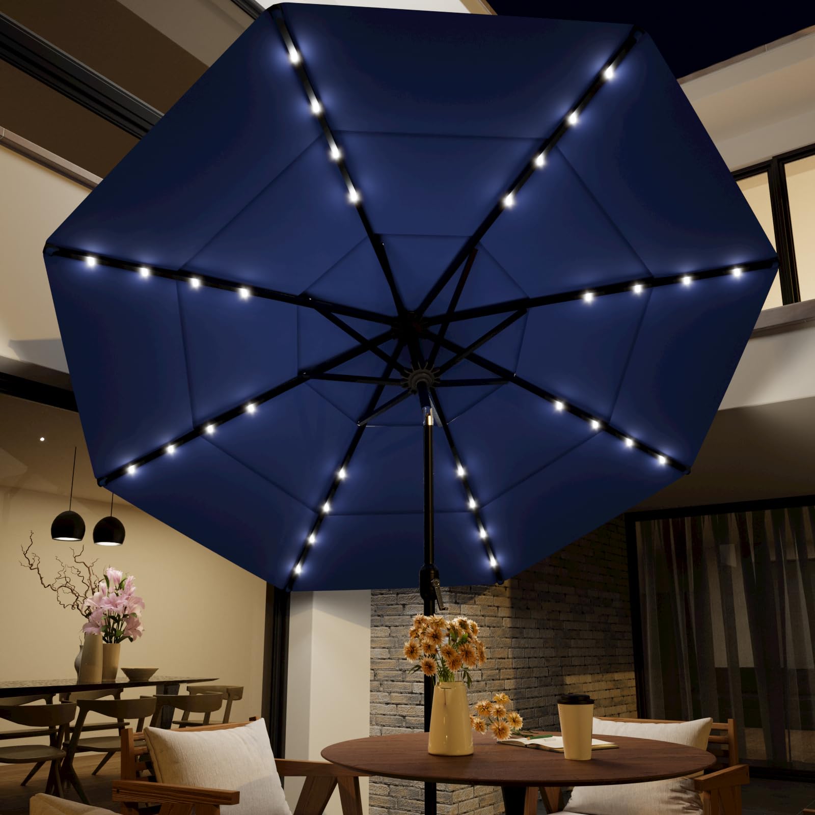HOMPUS 9FT 3 Tiers Solar LED Patio Umbrella for Outside, Outdoor Market ...