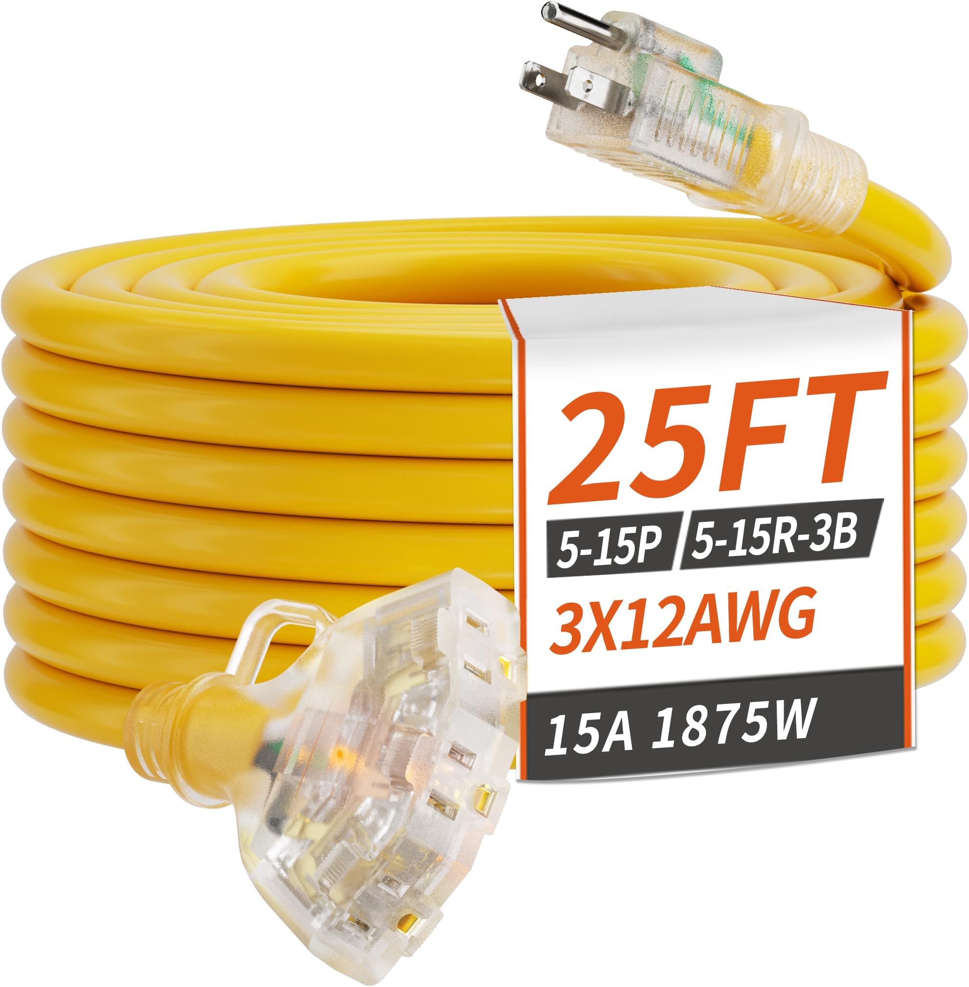 Amazon.com: PlugSaf 25 FT 12/3 Gauge Outdoor Extension Cord with ...