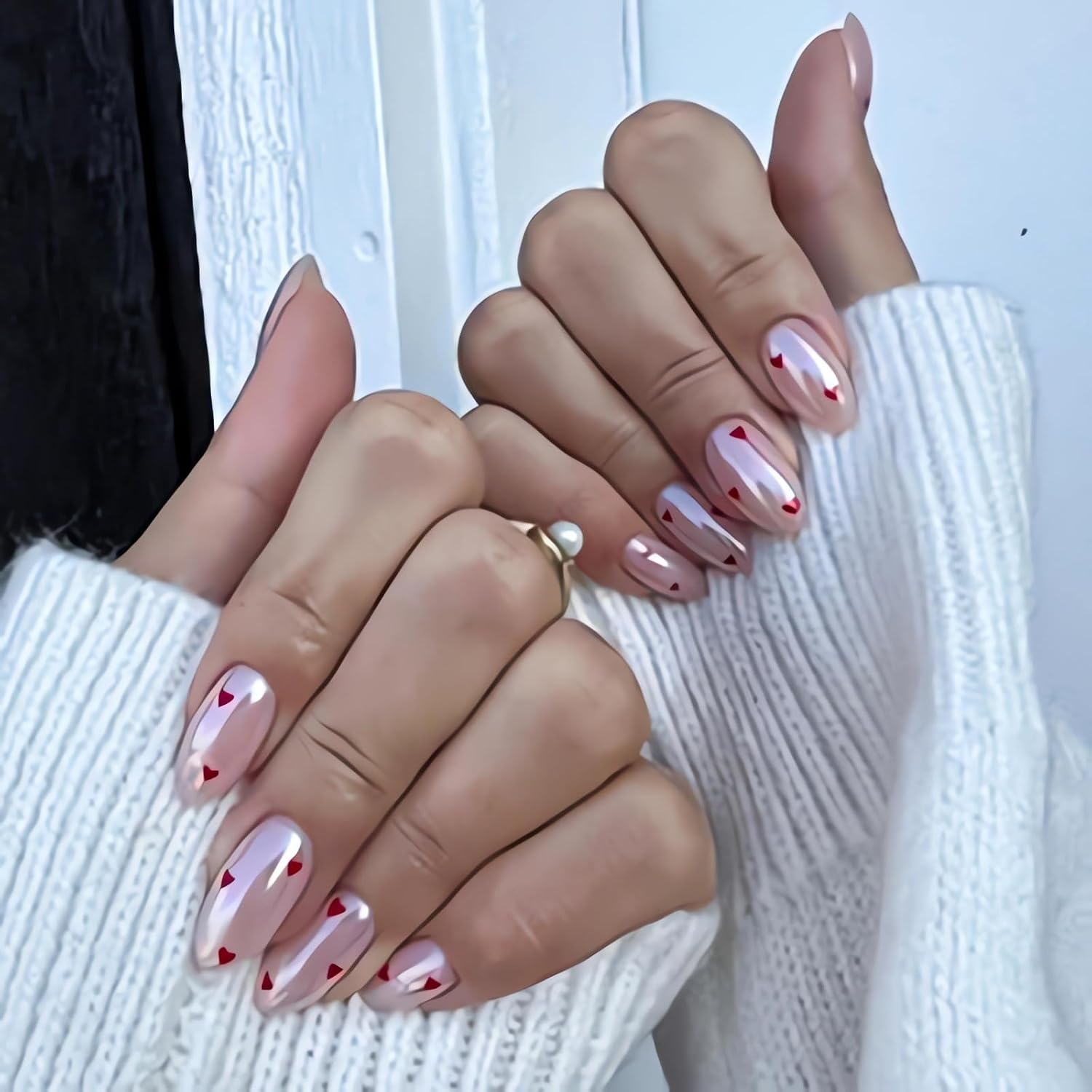 Amazon.com: Almond Heart Press on Nails Glossy Pink Fake Nails Medium ...