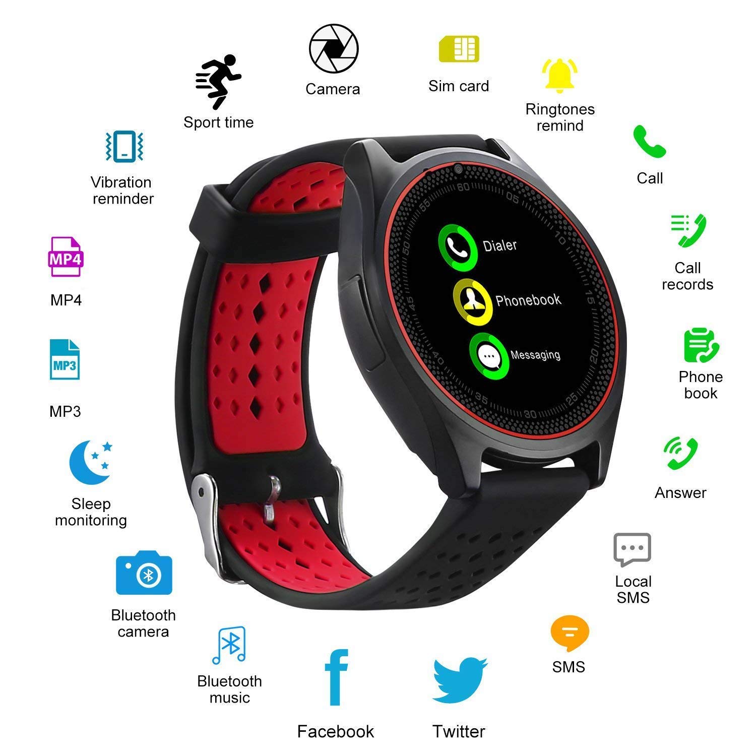 FICATE V9 Smartwatch with Bluetooth/Camera TF/SIM Card Slot for Android ...