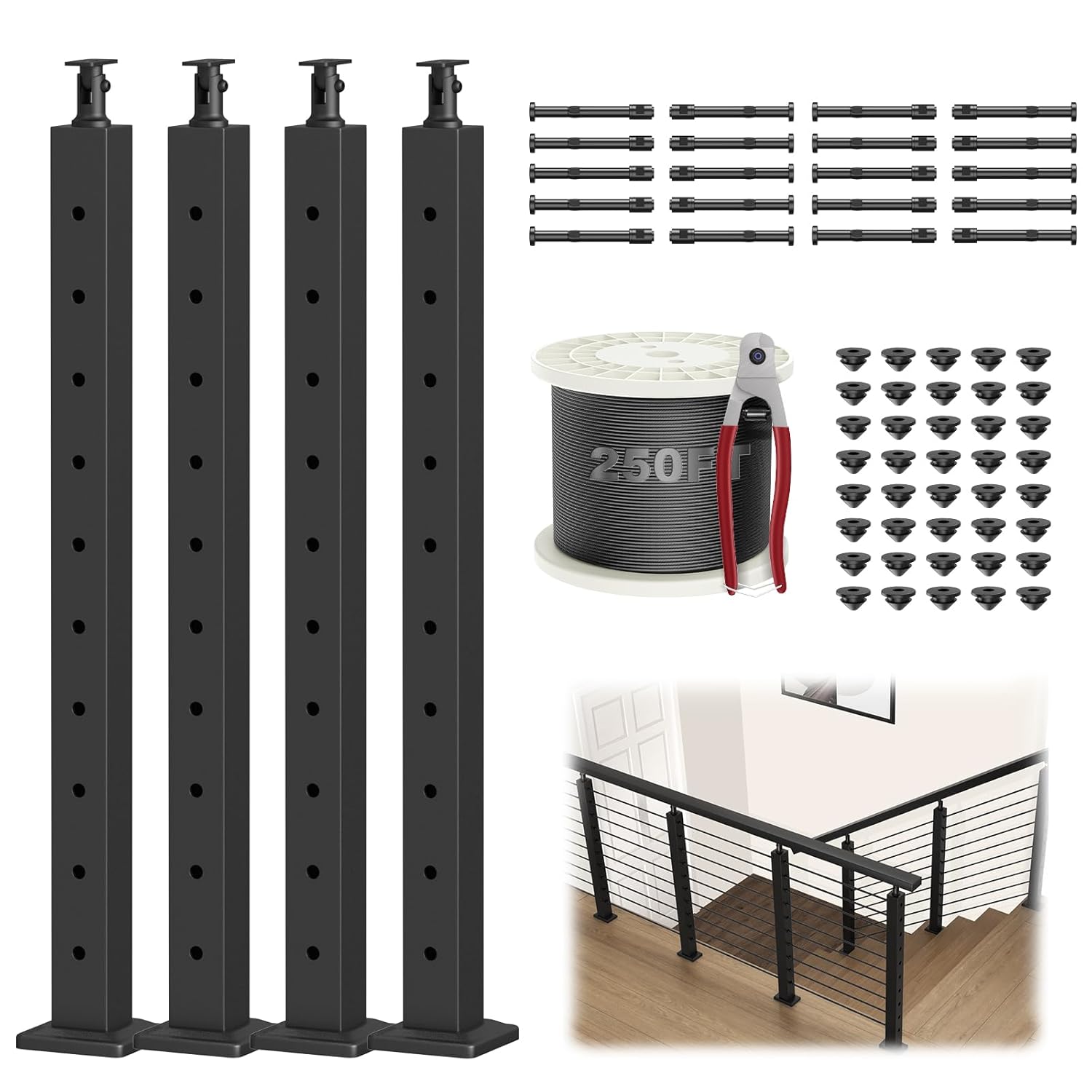 BLIKA Complete Set 36" Cable Railing Post Kit, Black Level Drilled ...