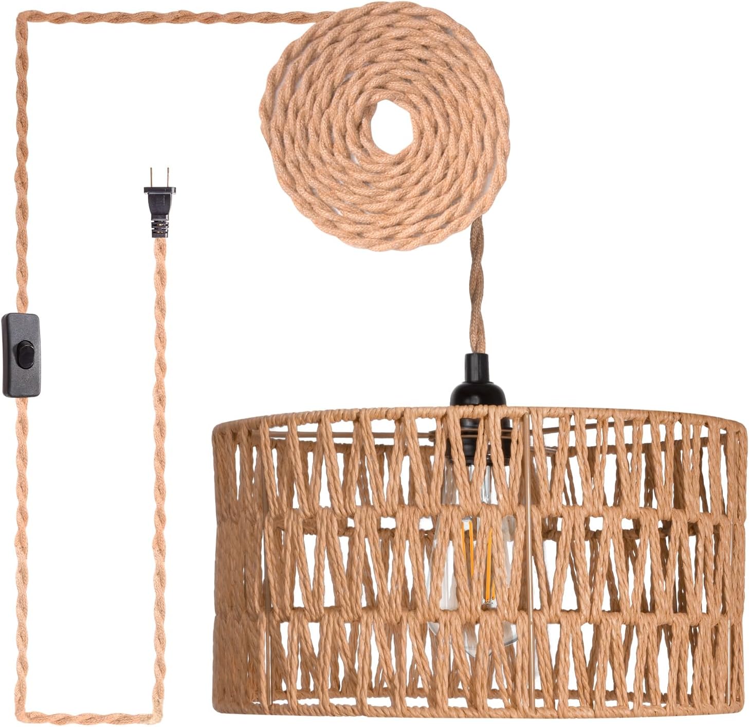 AHDWDW Rattan Hanging Lamp Plug in Pendant Light with15ft Hemp Rope ...