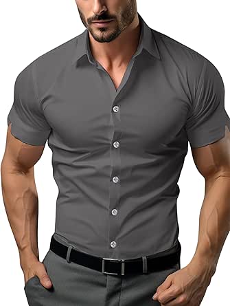 Amazon.com: Atforna Men's Muscle Dress Shirts Solid Short Sleeve Dress Shirts Athletic Slim Fit ...