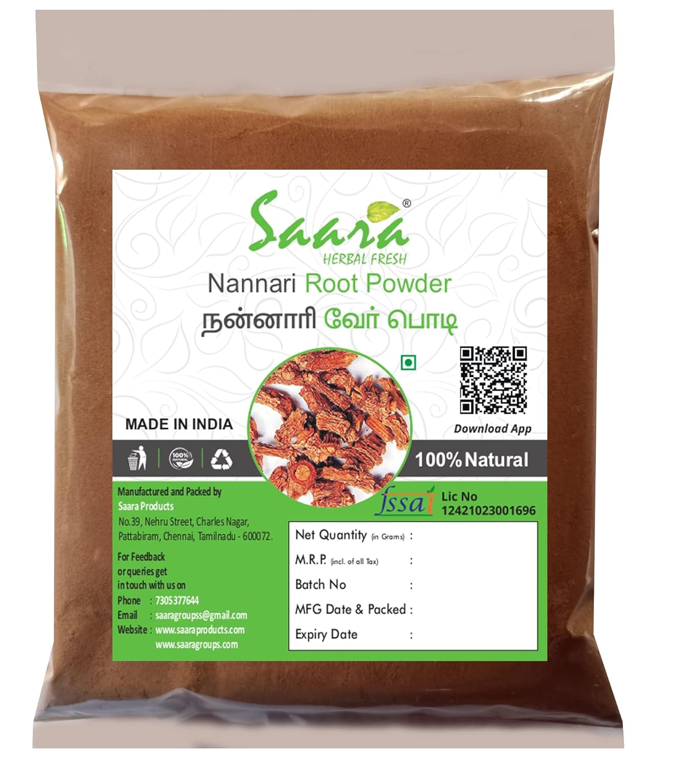 Buy Saara HERBAL FRESH Nannari Root Powder, 50g, Kapuri, Naruninti ...