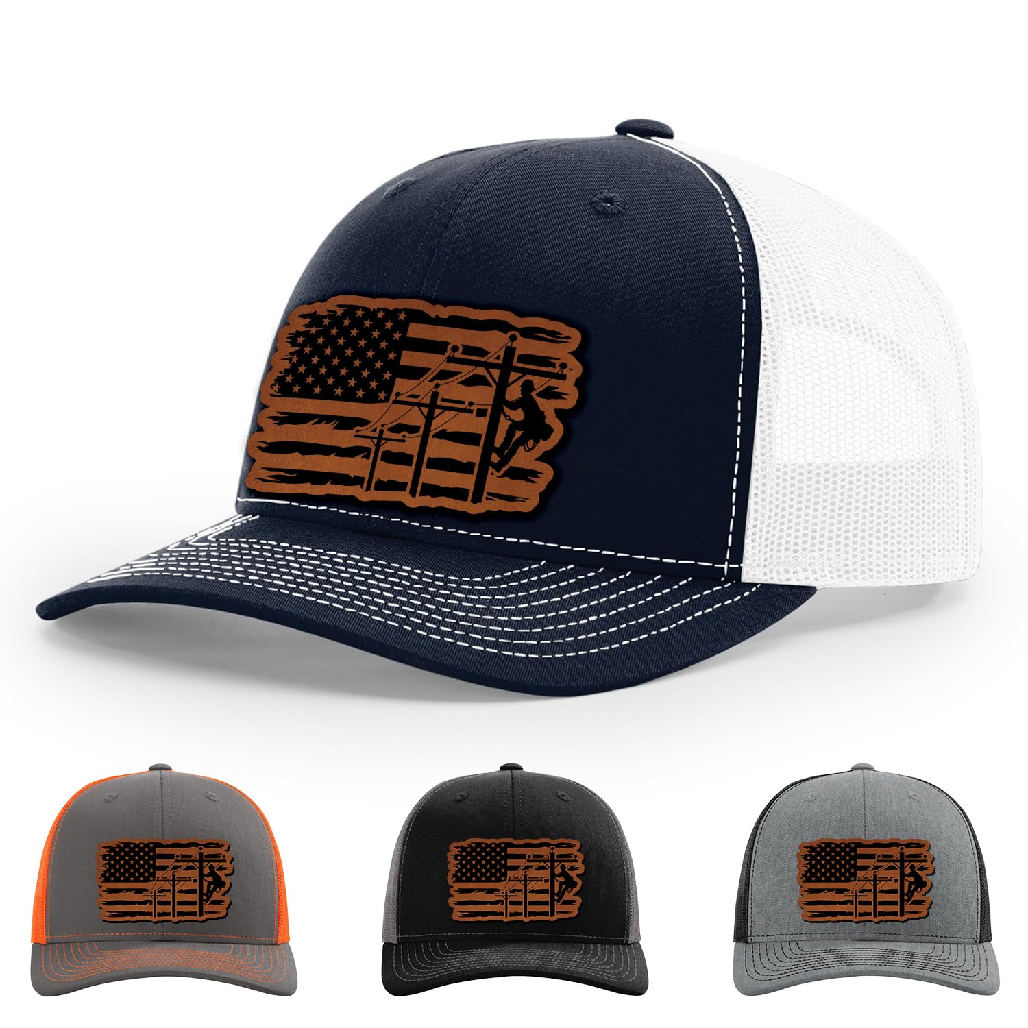 Amazon.com: Lineman American Flag Hat, 112 Style Trucker Leather Patch ...
