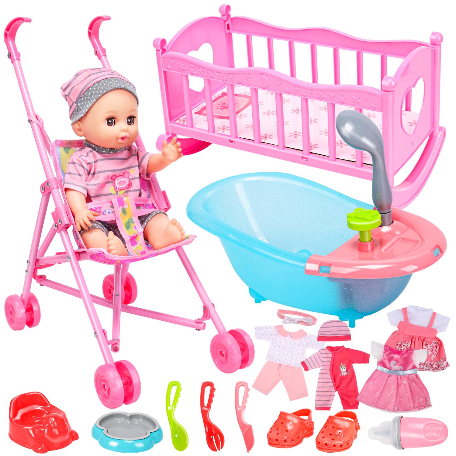 12" Baby Doll Playset Pretend Play Baby Care Toy with Stroller, Crib ...