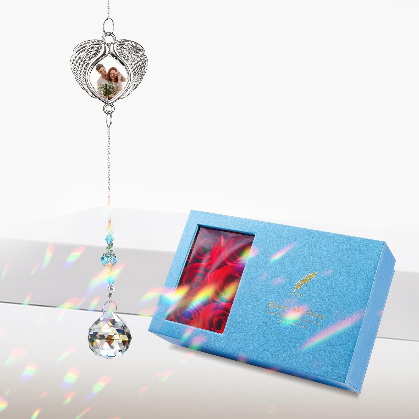 Rose Wrapped Box Angel Wings Light Absorbing Crystal Memorial Gift ...