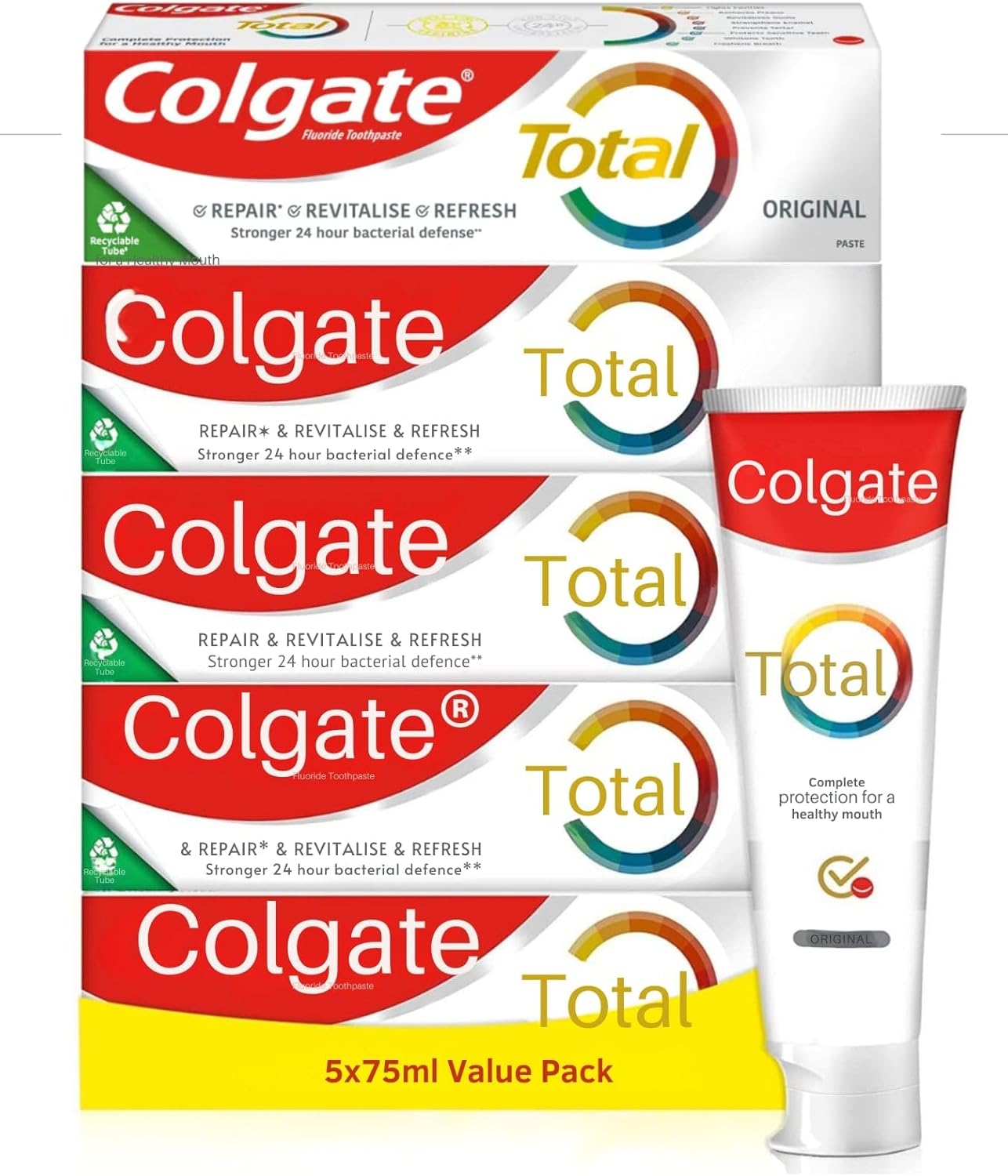 Colgate Total Original Toothpaste 5 x 75 ml,Enhanced 24-Hour Protection ...
