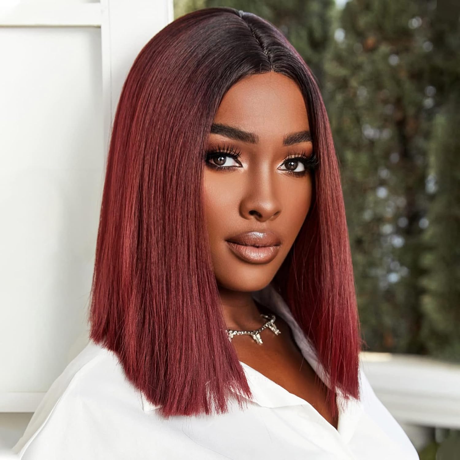 Amazon.com : HAIRCUBE Wine Red Bob Wig,Short Hair Middle Parting Wig ...
